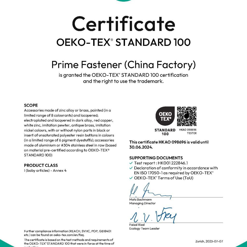 OEKO-TEX-CERTIFICATE - Prime Fastener